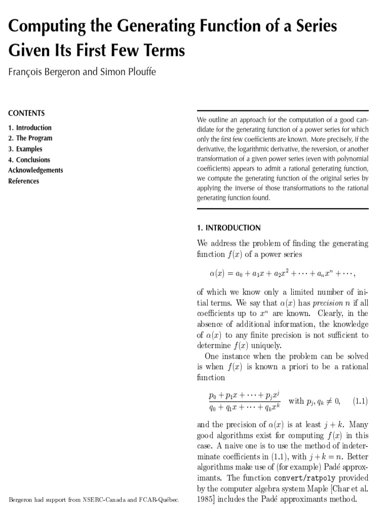 Computing The Generating Function Of A Series Given The First Few Terms 1991 Pdf Function