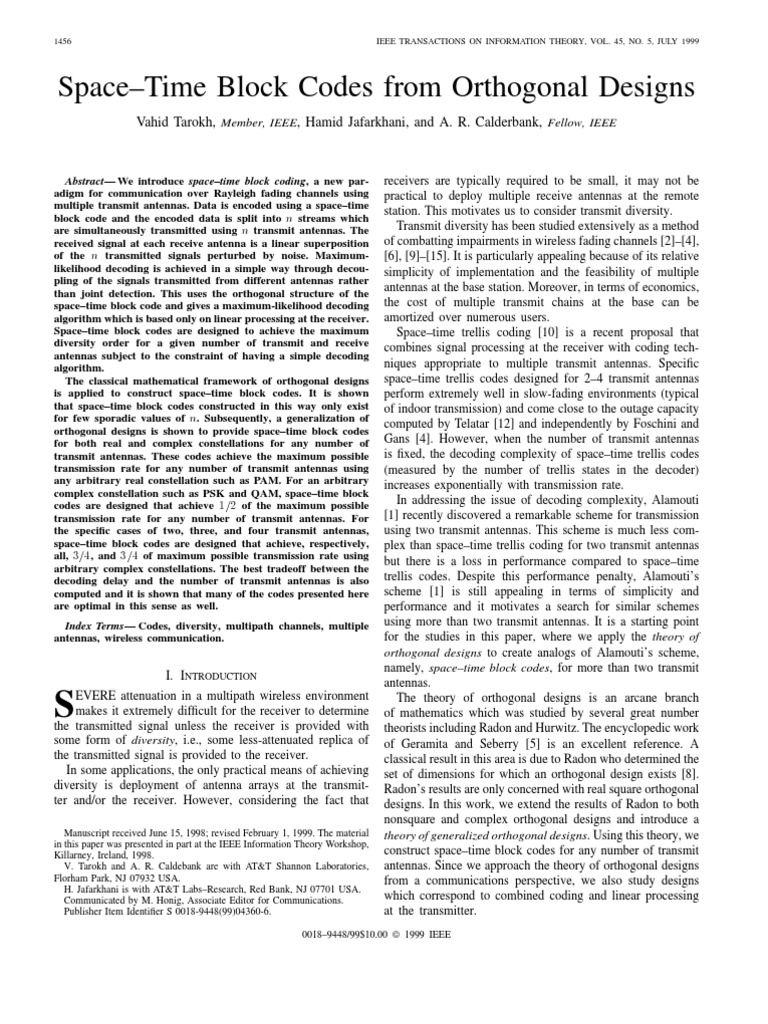 Space-Time Block Codes From Orthogonal Designs | Download Free PDF | Matrix (Mathematics ...