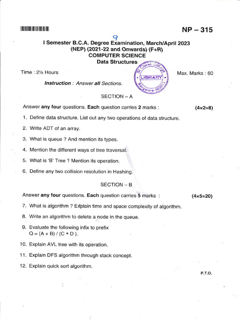 Data Structures Question Paper 2023 | PDF | Matrix (Mathematics) | Computer Programming