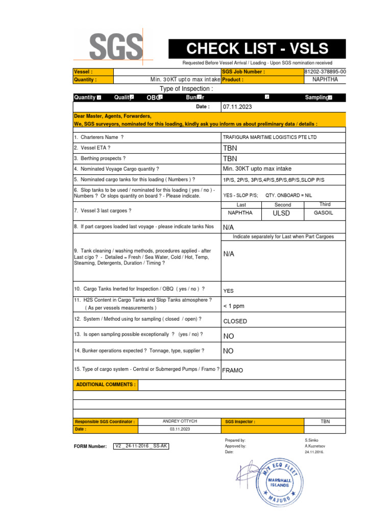 SGS Check List - Before Arrival - ECO FLEET1 | PDF | Shipping | Water ...