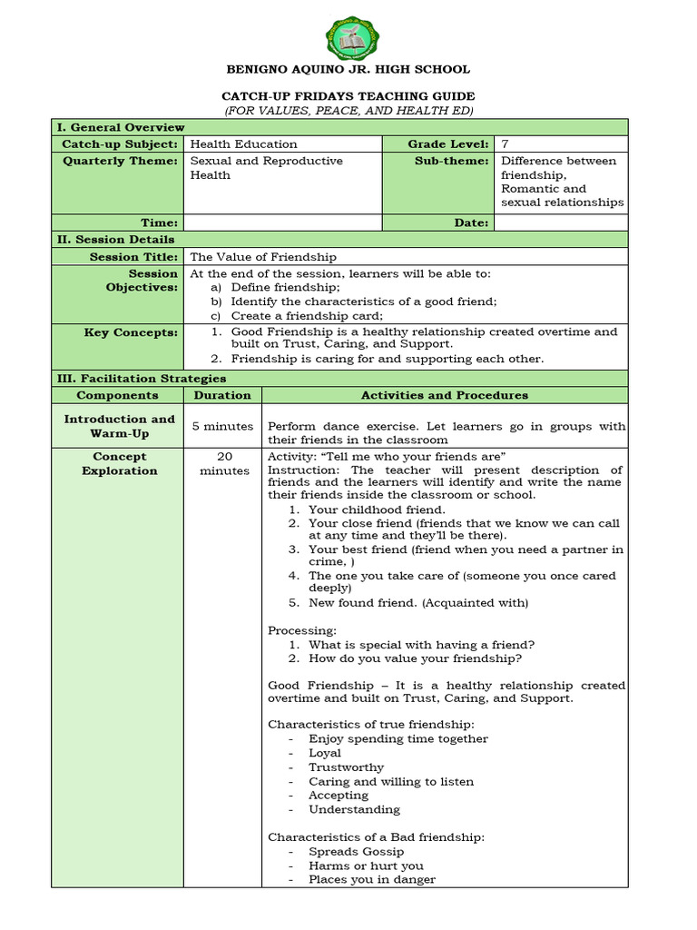 Teaching Guide Catchup Template Health Grade7 1 | PDF | Friendship ... Teaching Guide Catchup Template Health Grade7 1 | PDF | Friendship ...