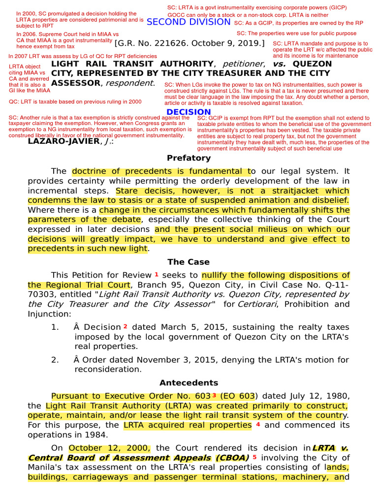 1 GR No. 221626-2019-Light Rail Transit Authority v. Quezon City | PDF ...