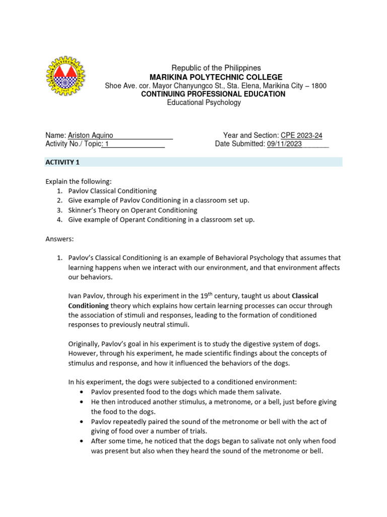 CPE - Activity 1 - Chapter 1 | PDF | Classical Conditioning | Reinforcement