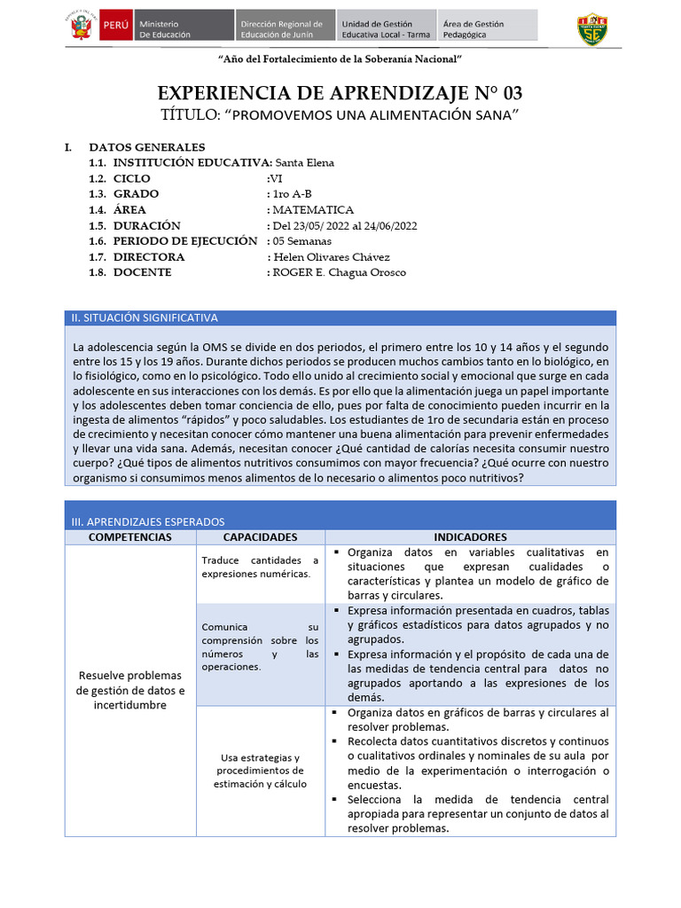 1° Experiencia de aprendizaje-III | PDF | Ecuaciones | Caloría
