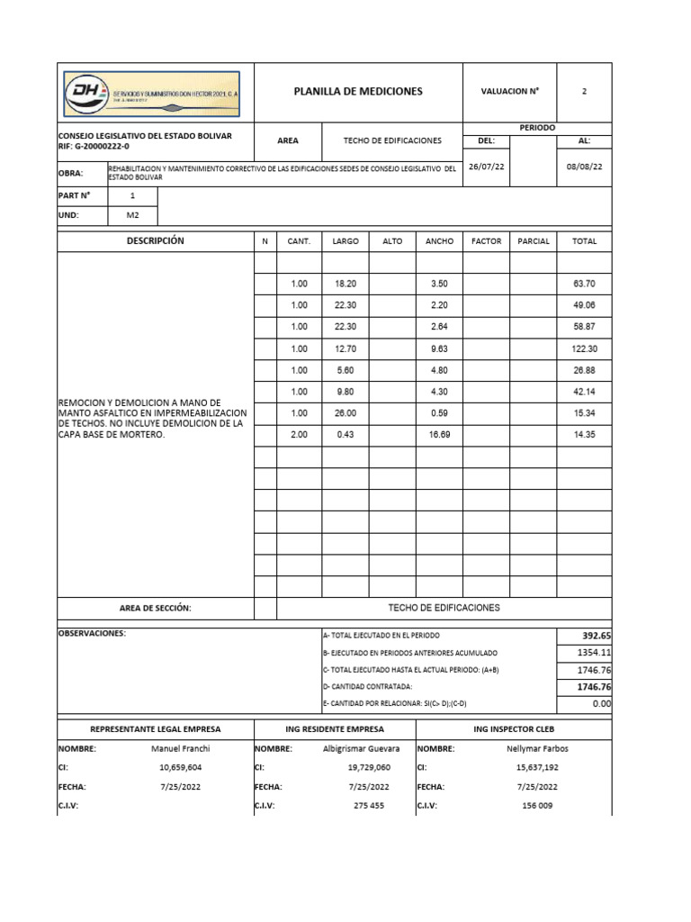 Hoja de Mediciones Obra Cleb Val 2 | PDF