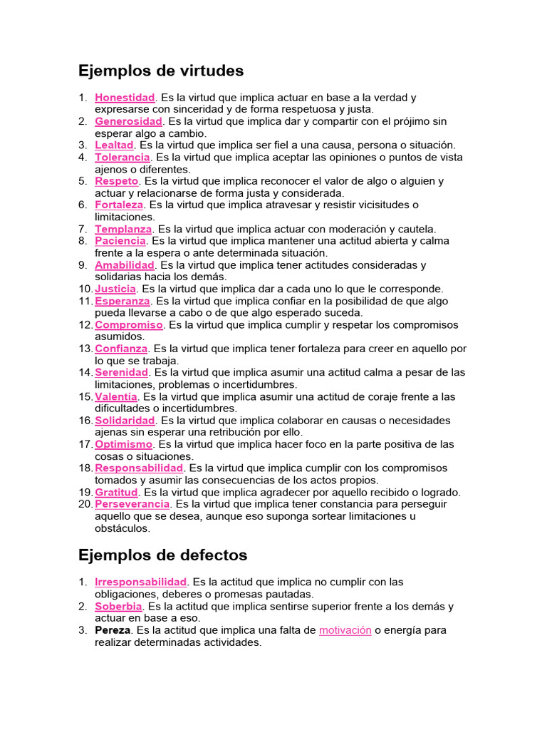 Ejemplos Virtudes y Defectos | Descargar gratis PDF | Valor | Virtud