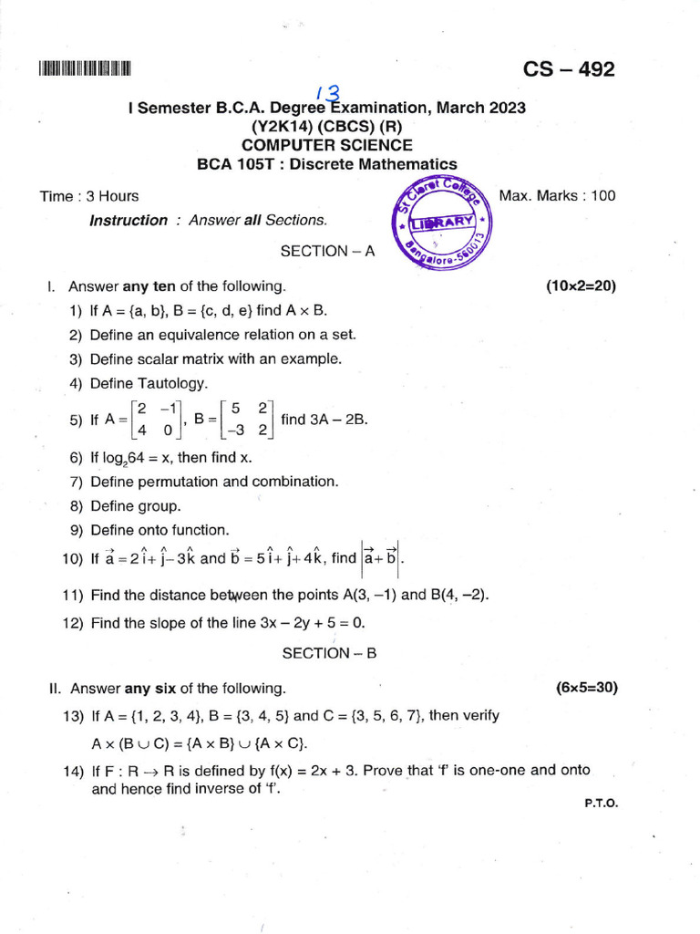 Discrete Structures Q Papers 2023 | PDF | Applied Mathematics ...