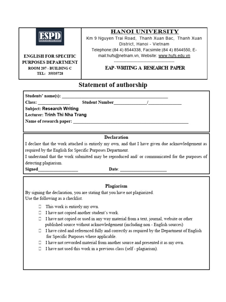 EAP Research Paper Authorship Declaration | PDF