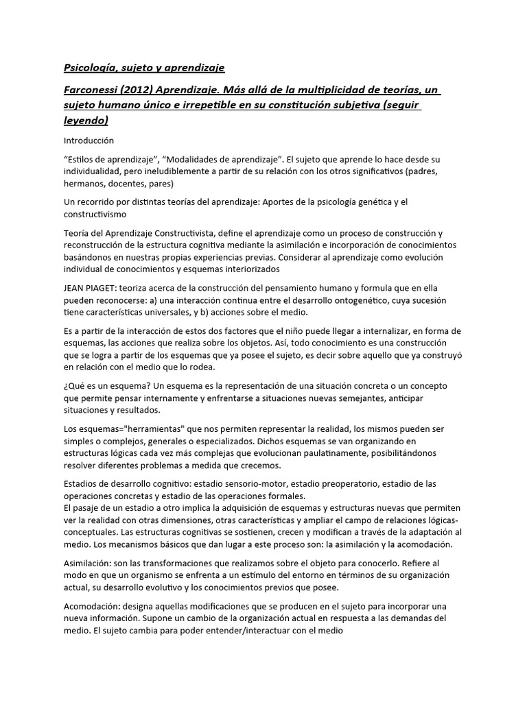 Psicología, Sujeto y Aprendizaje | PDF | Aprendizaje | Constructivismo (filosofía de la educación)