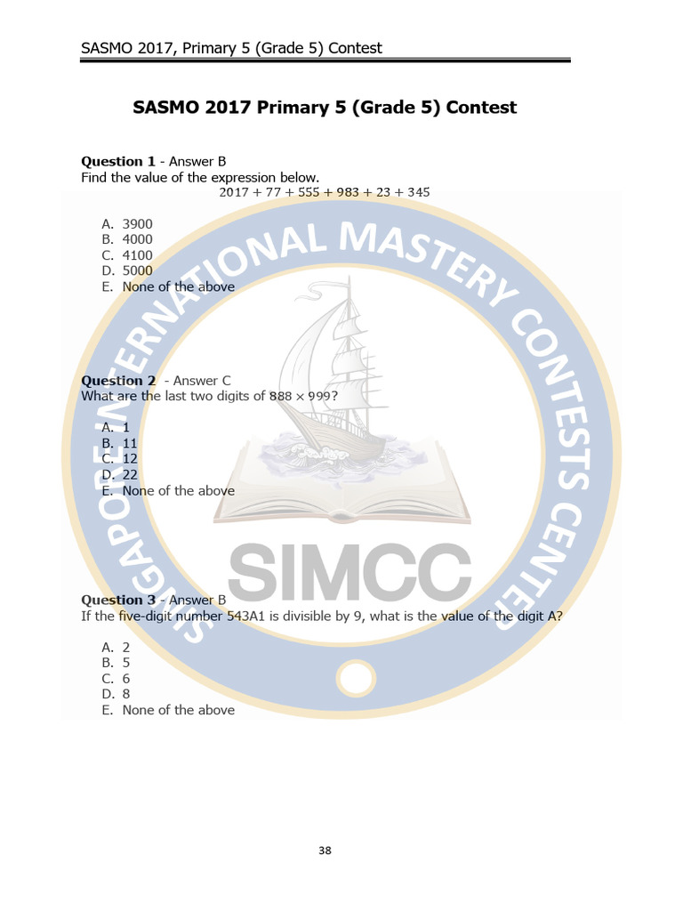 Sasmo 2017 Grade 05 | PDF | Arithmetic | Mathematics