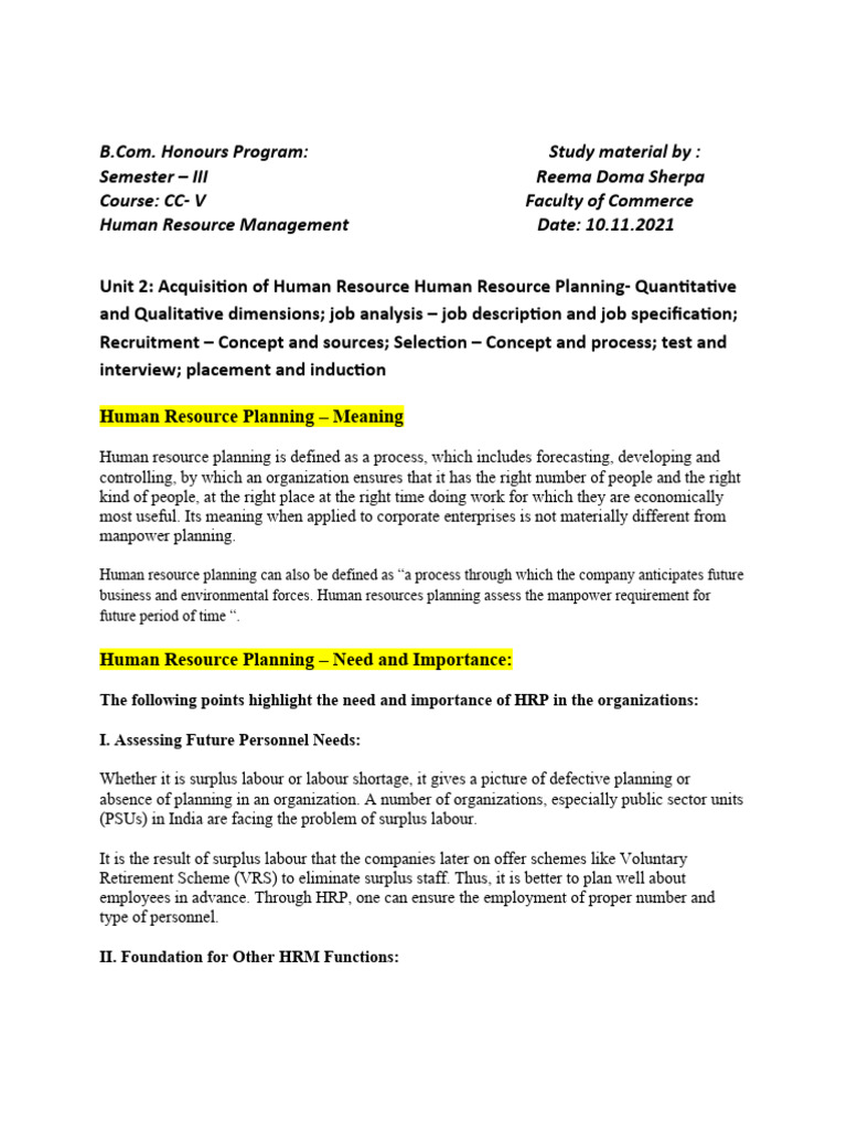 COM RDS 3 SEM HONS CC V Unit II | PDF | Human Resources | Recruitment