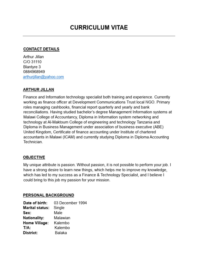 Arthur Jillan - CV | PDF | Banks | Accounting