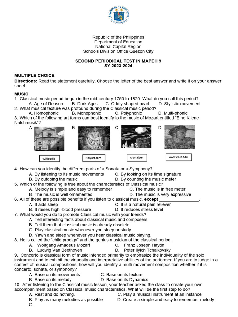 MAPEH 9 Second Quarter Exam 2024 | PDF | Classical Period (Music) | Substance Abuse