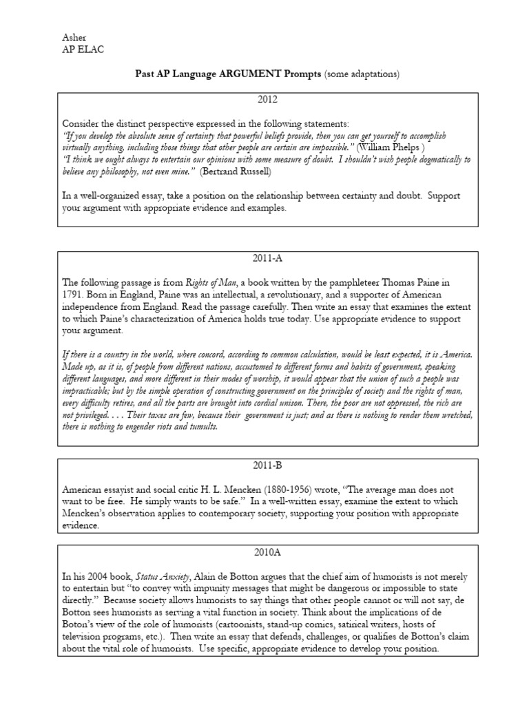 AP Language Argument Essay Prompts | PDF | Politics