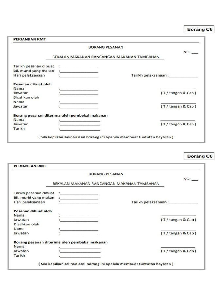 Borang Pesanan RMT | PDF