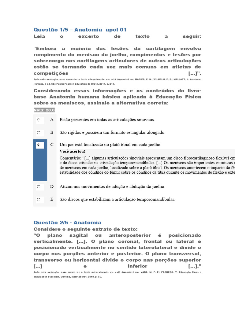 Anatomia Apol 1 e 2 Nota 100 Uninter | PDF | Sangue | Joelho