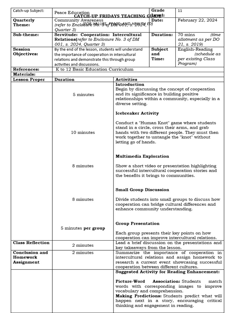 GRADE 10 - Peace and Val Ed Catch-Up Plan | PDF | Pedagogy | Behavior ...