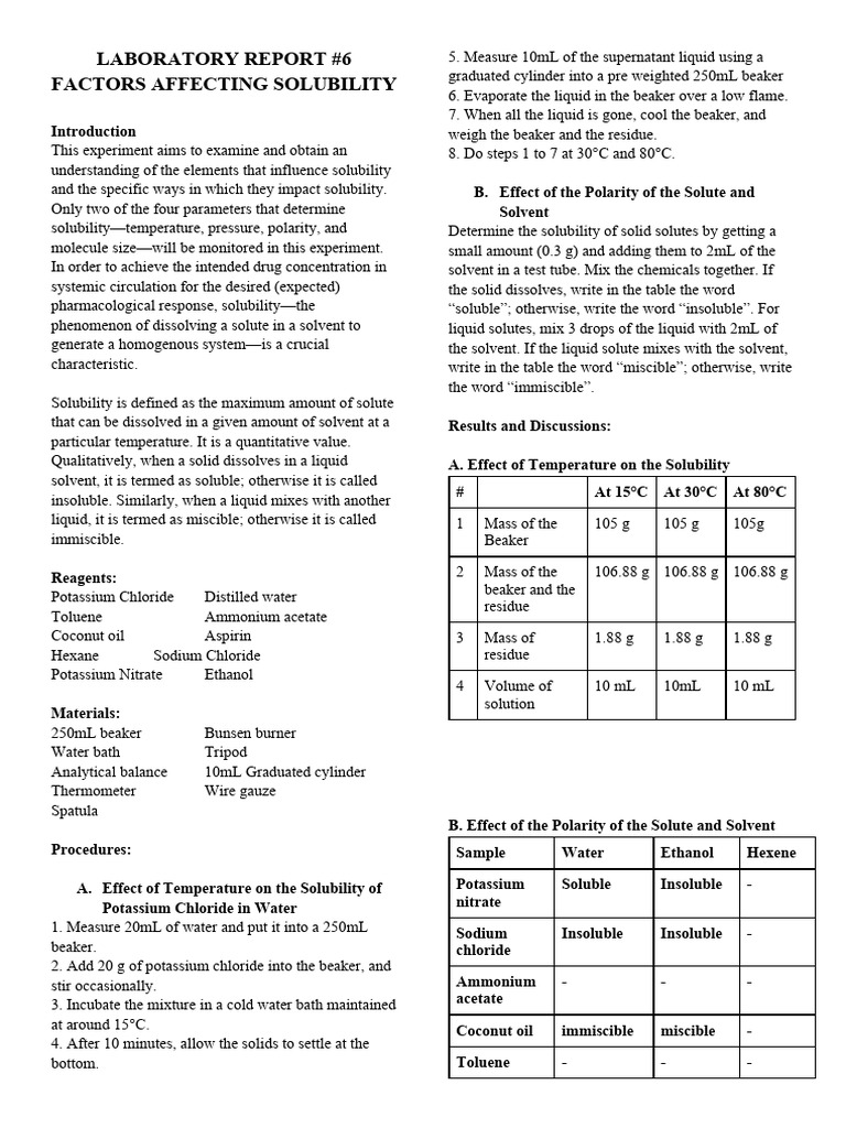 Laboratory Report #6 | Download Free PDF | Solubility | Solvent