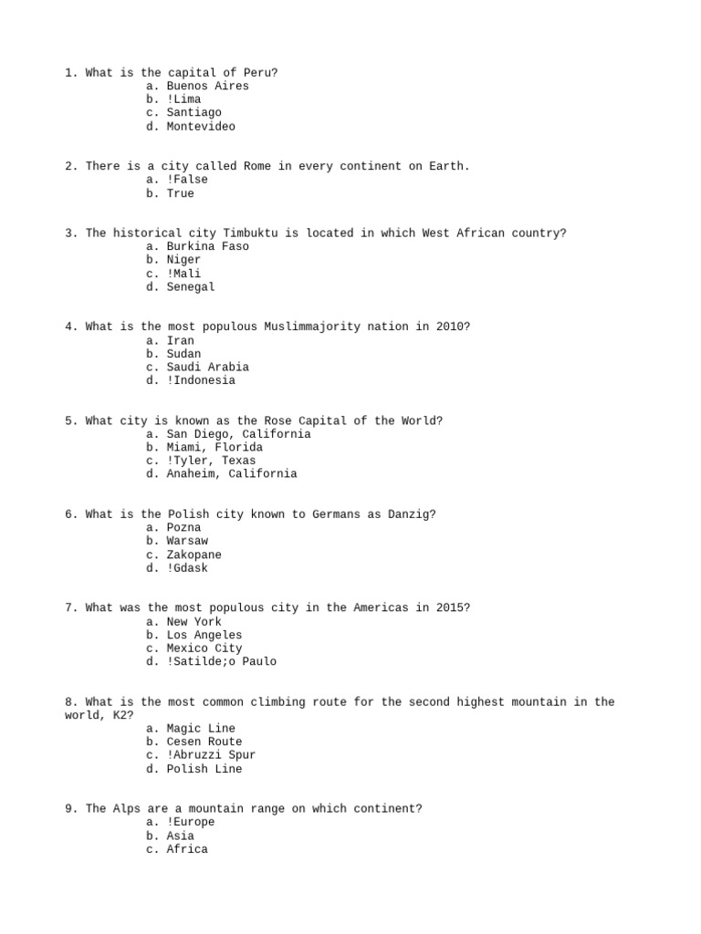 Quiz Questions on Geography and Pop Culture | PDF