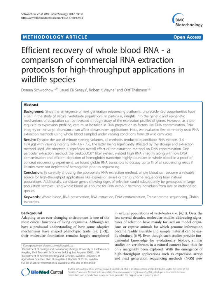 Efficient Recovery of Whole Blood RNA - A Comparison of Commercial RNA Extraction Protocols For ...