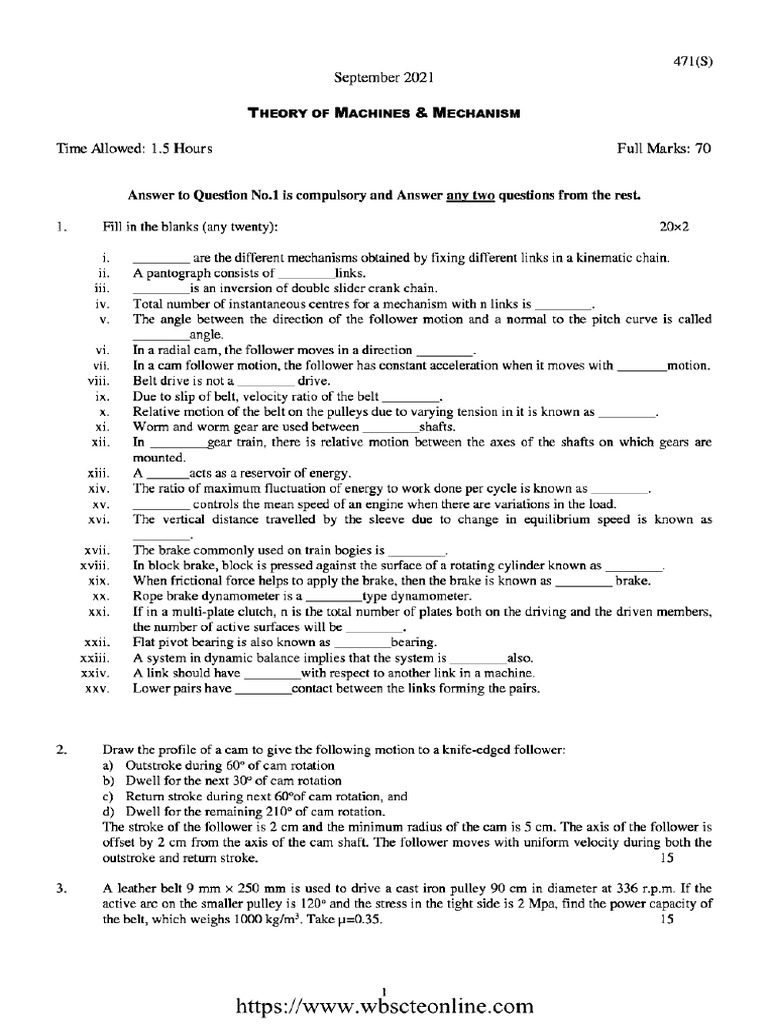 Mechanical 4 Sem Theory Of Machines And Mechanism 471 S Sep 2021 Pdf