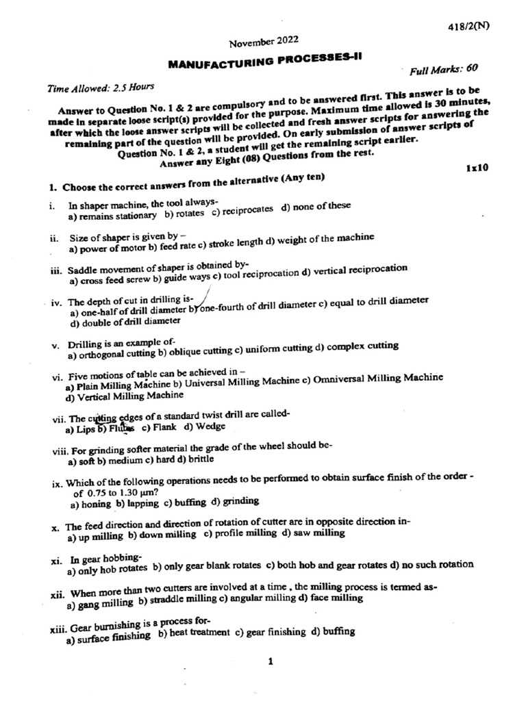 Mechanical 4 Sem Manufacturing Processes 2 418 2 N Nov 2022 | PDF