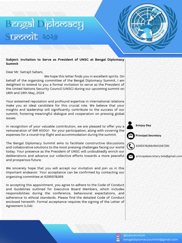 Subject: Invitation To Serve As President of UNSC at Bengal Diplomacy ...