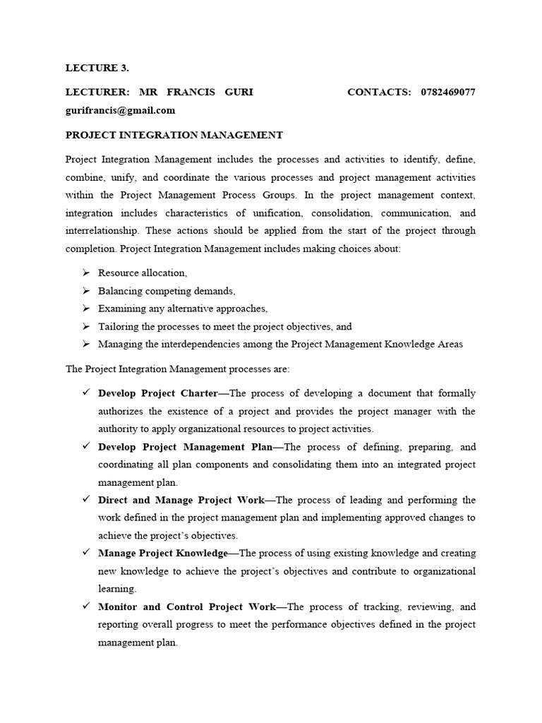 LECTURE 3. PROJECT INTERGRATION MANAGEMENT | PDF | Project Management | Software Development Process