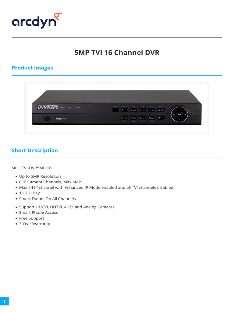 5MP TVI 16 Channel DVR | PDF | Video | Usb