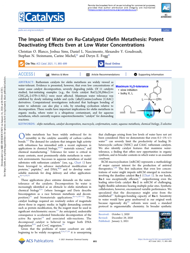 The Impact of Water On Ru-Catalyzed Olefin Metathesis (Article ... The Impact of Water On Ru-Catalyzed Olefin Metathesis (Article ...