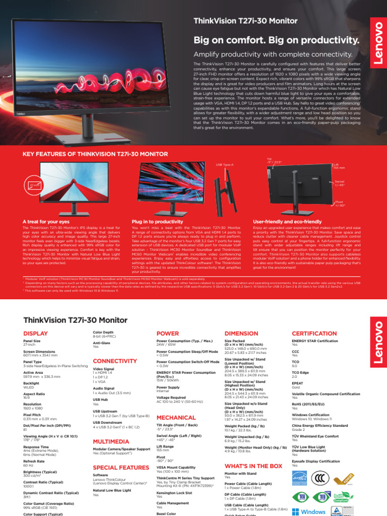ThinkVision T27i-30 Datasheet EN | PDF | Usb | Computer Monitor