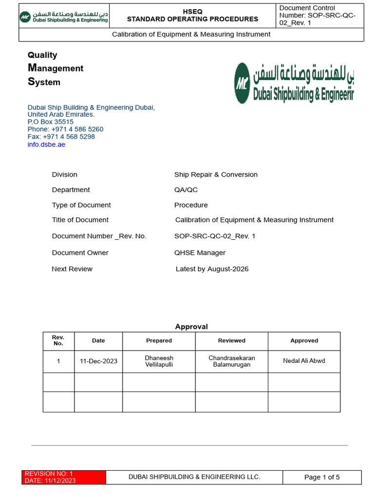 SOP-SRC-QC-02 - Calibration of Equipments and Measuring Instruments | PDF | Calibration ...