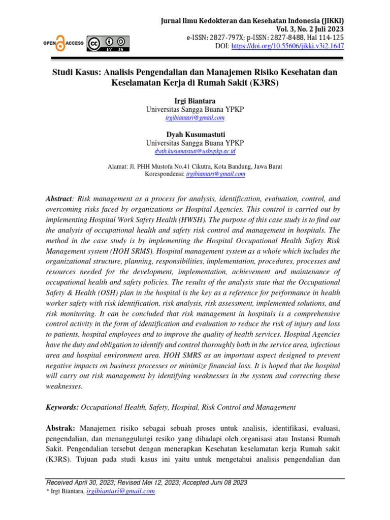 JIKKI Vol 3 No 2 JULI 2023 Hal 114-125 | PDF | Occupational Safety And Health | Risk Management