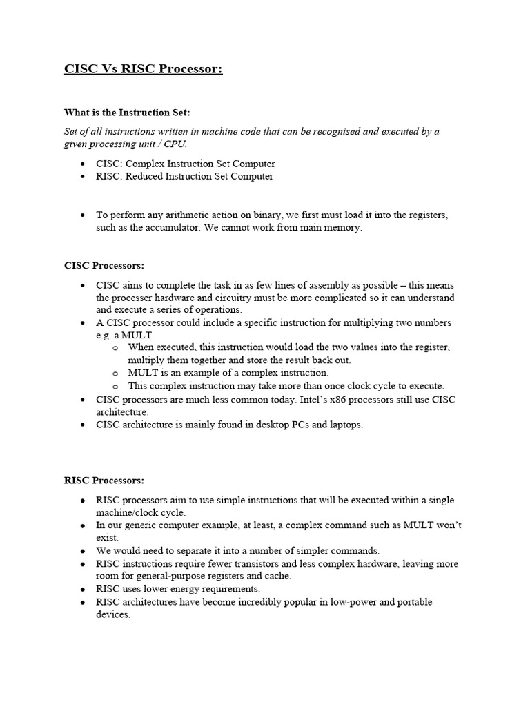 CISC Vs RISC Processors | PDF