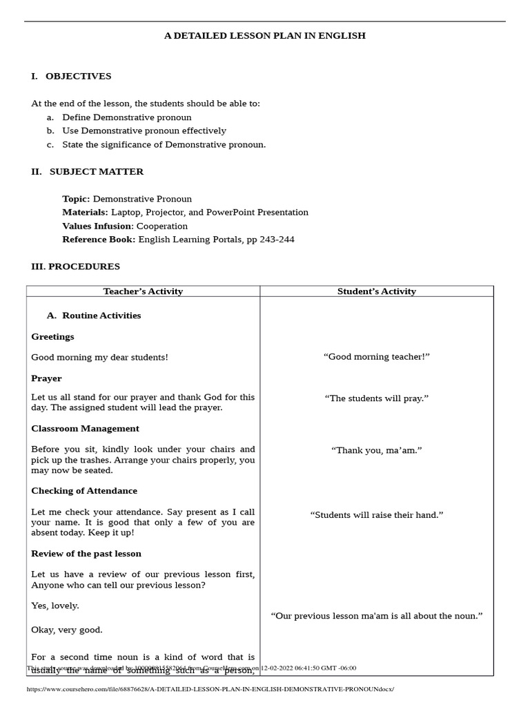 A Detailed Lesson Plan in English Demonstrative Pronoun | PDF | Grammatical Gender | Grammatical ...