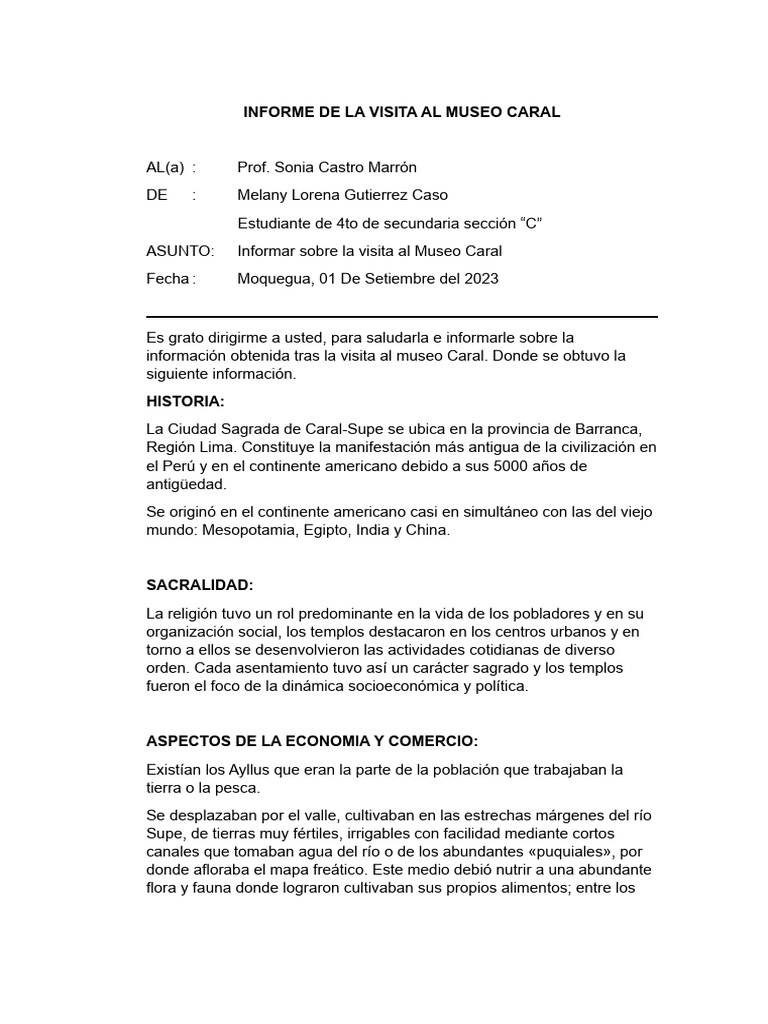 Informe de La Visita Al Museo Caral | PDF
