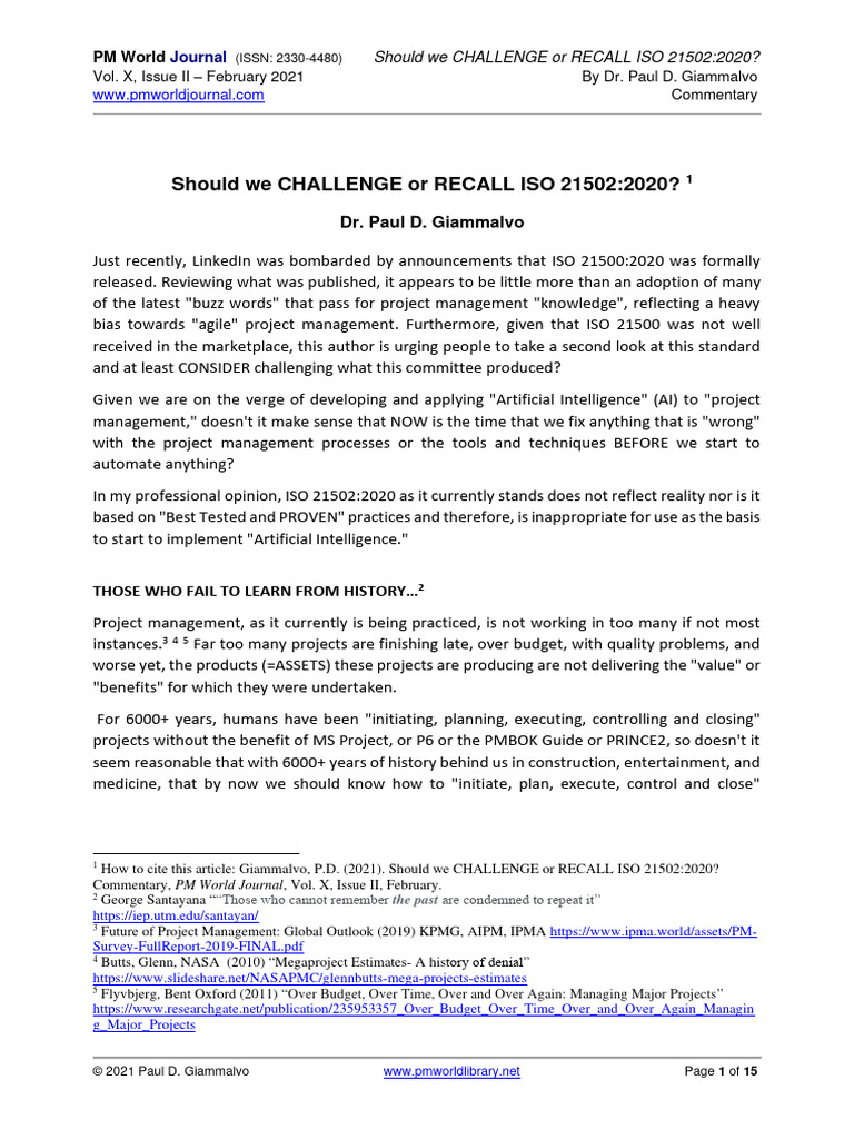 Pmwj102 Feb2021 Giammalvo Should We Challenge or Cancel Iso 21500 2020 | PDF | Business