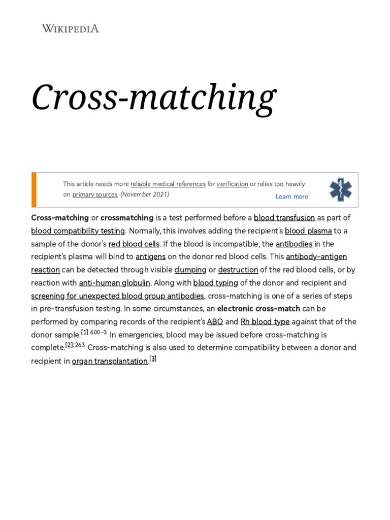 Cross Matching Wikipedia | PDF | Blood Type | Medical Specialties