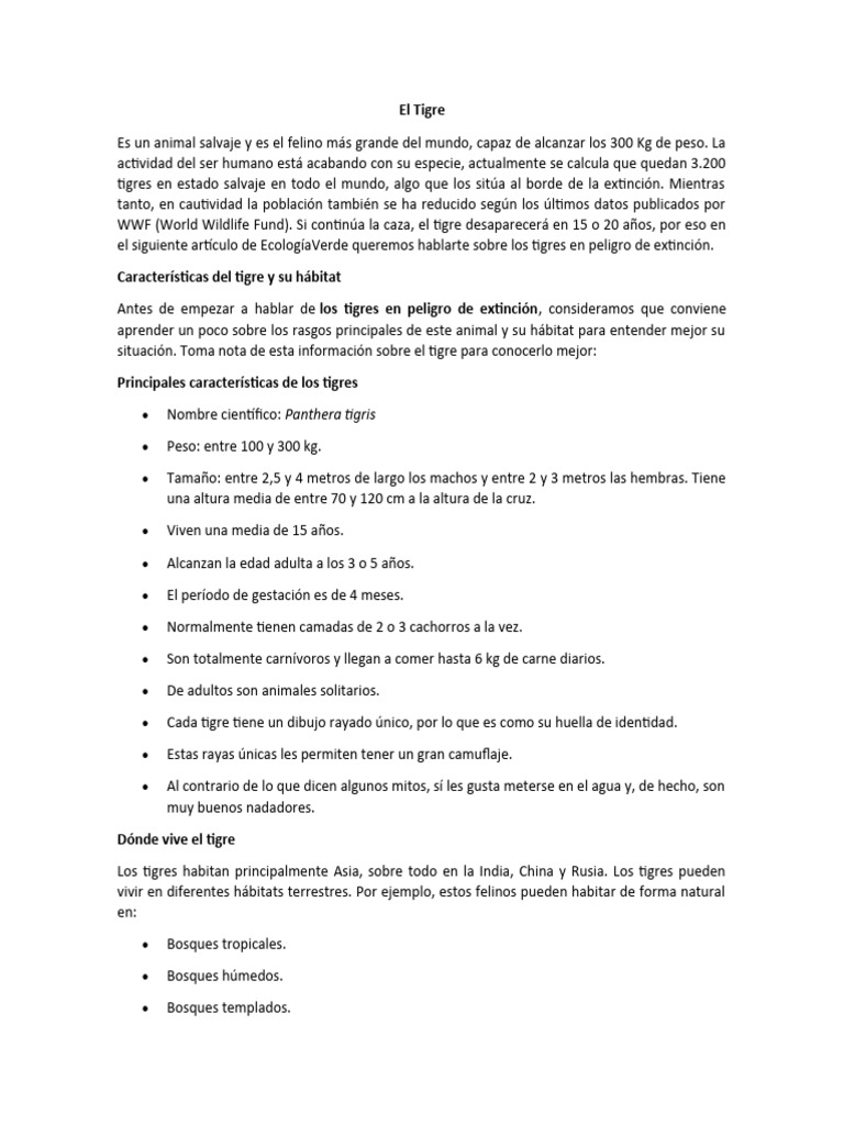 El Tigre | PDF | Tigre | Especie en peligro