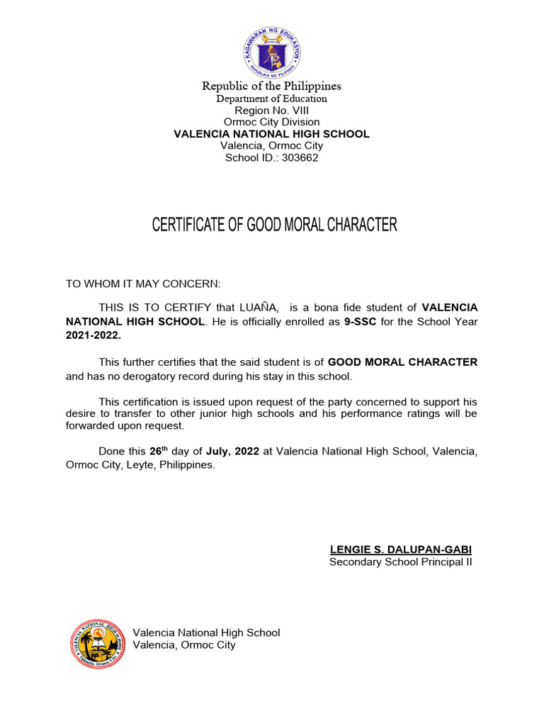 Certificate of Good Moral Character Patpat Deniel Adrian L 2 | PDF