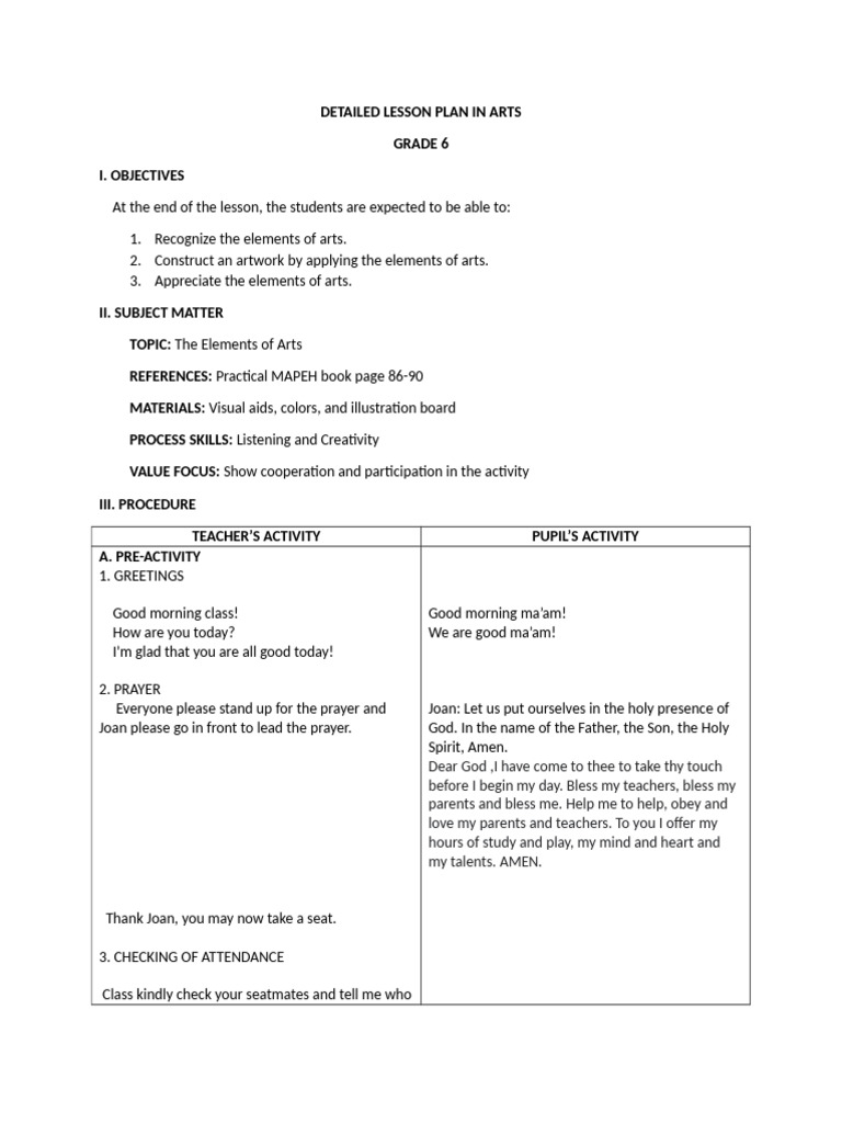 DETAILED LESSON PLAN IN ARTS Lea | PDF | Pitcher | Color