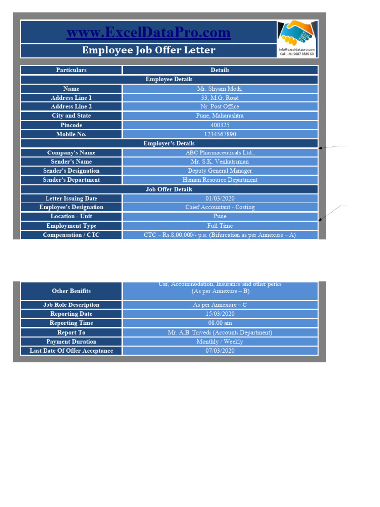 Job Offer Letter for Chief Accountant | PDF | Employee Benefits ...