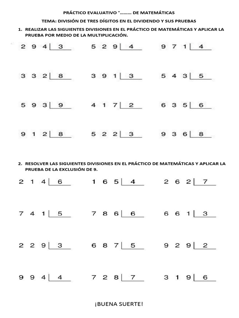 PRÁCTICO EVALUATIVO DE DIVISIÓN CON TRES DIGITOS CON SUS PRUEBAS (1) | PDF