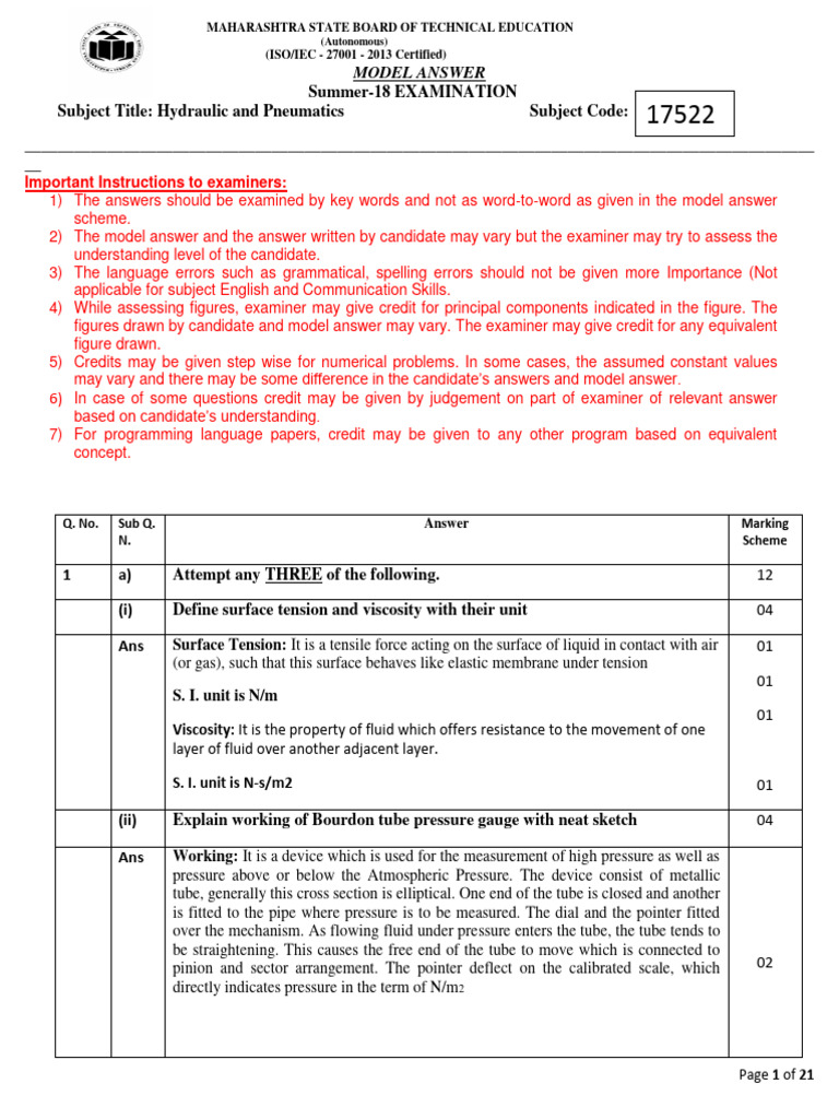 Hydraulic and Pneumatics Model Answer | PDF | Pump | Valve