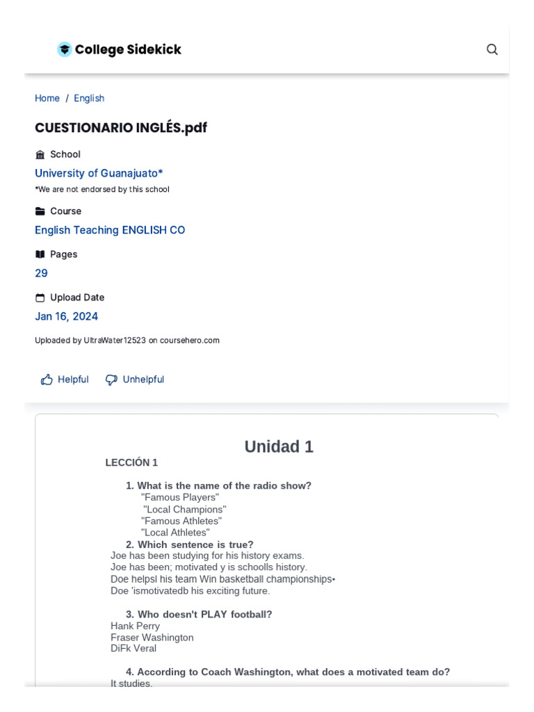 CUESTIONARIO INGLÉS - PDF - Unidad 1 LECCIÓN 1 1. What Is The Name of ...