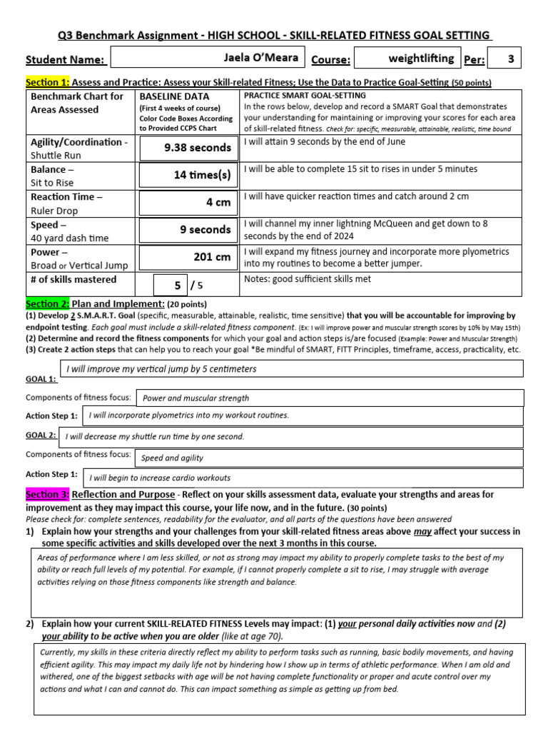 High School Skill-Related Fitness Goals | PDF | Physical Fitness | Goal ...