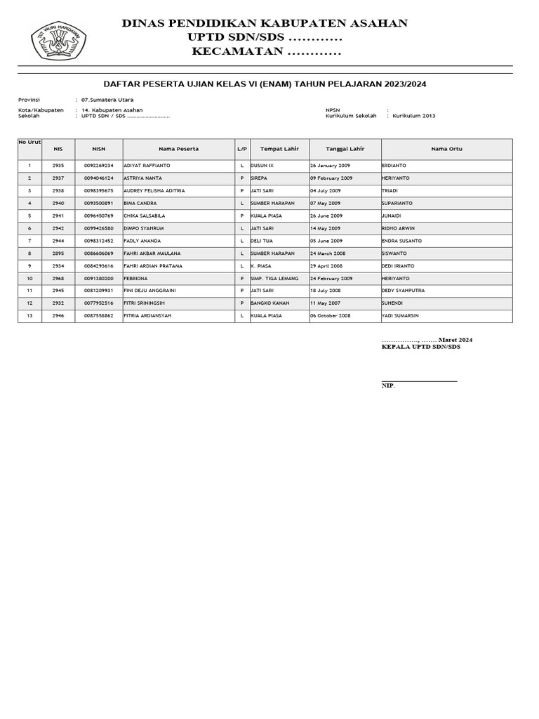 Format Daftar Peserta Ujian Sekolah TP 2023-2024 | PDF