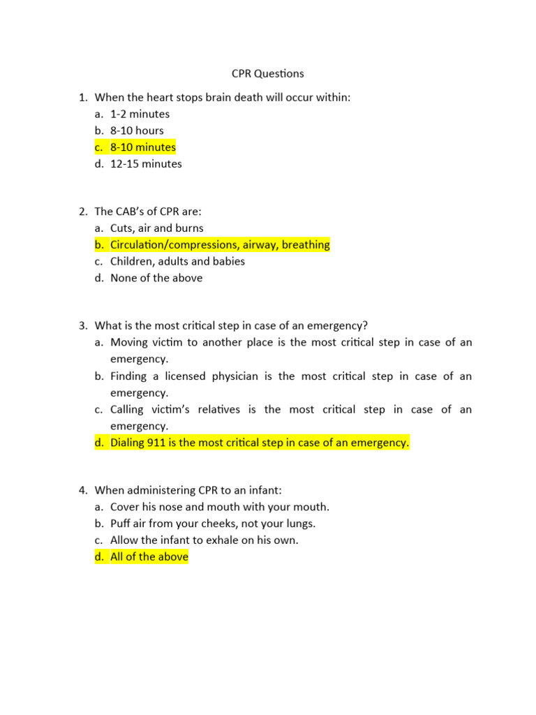 Adult Infant CPR Questions | PDF | Cardiopulmonary Resuscitation ...
