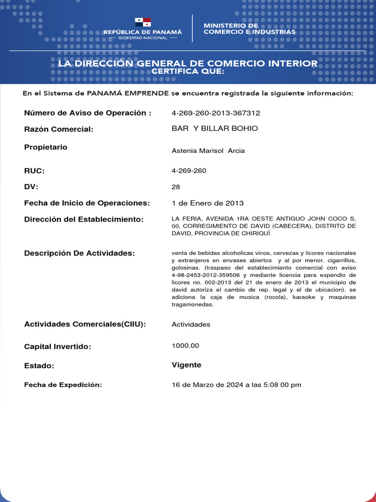 Aviso de Operación en Panamá: BAR Y BILLAR BOHIO | PDF