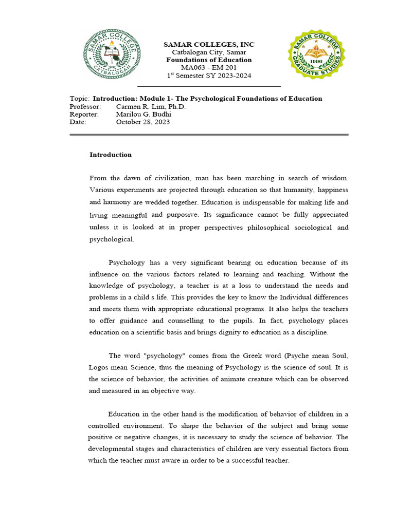 PSYCHOLOGICAL FOUNDATION OF EDUCATION Final | PDF | Psychology | Behavioural Sciences